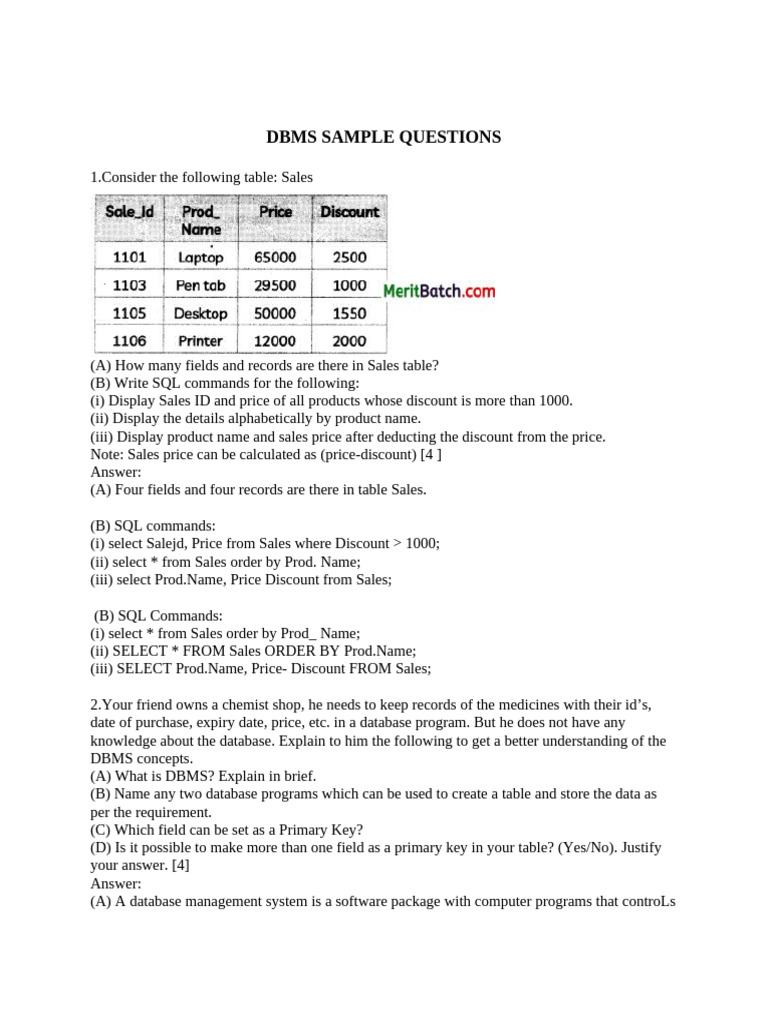 DBMS Sample Questions | PDF