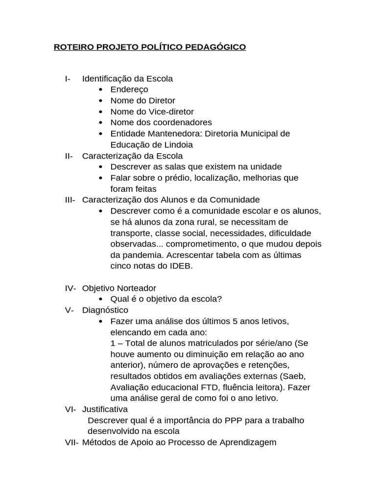 Roteiro Projeto Político Pedagógico | PDF