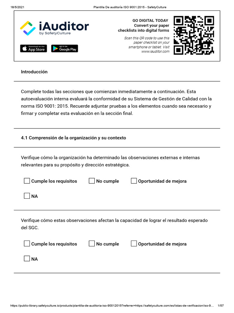 Plantilla de Auditoría ISO 9001 - 2015 - SafetyCulture | PDF ...