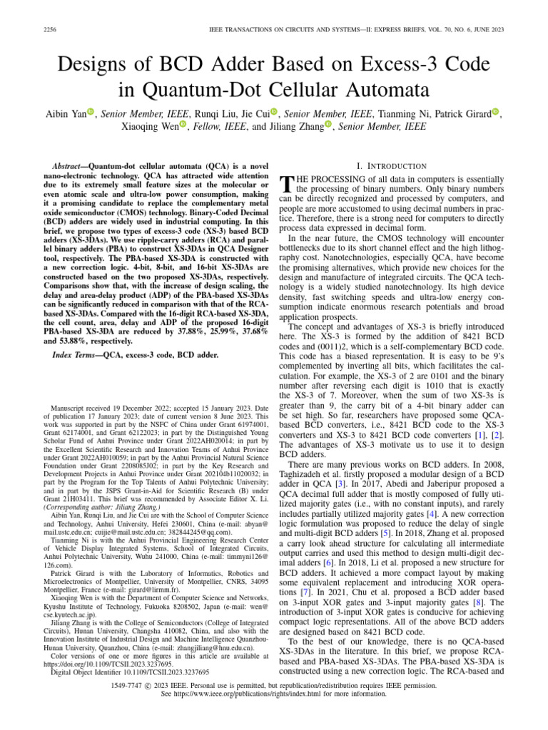 Designs of BCD Adder Based On Excess-3 Code in Quantum-Dot Cellular Automata | PDF