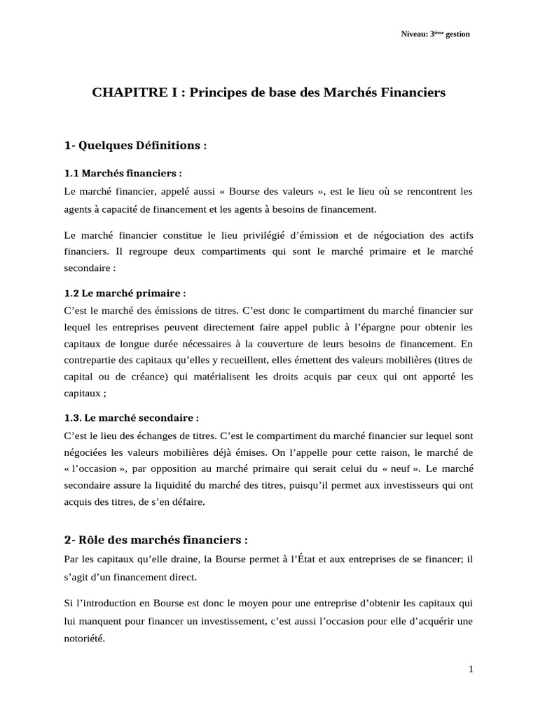 CHAPITRE Introductiof Principes de Base Des Marchés Financiers (Polycop ...