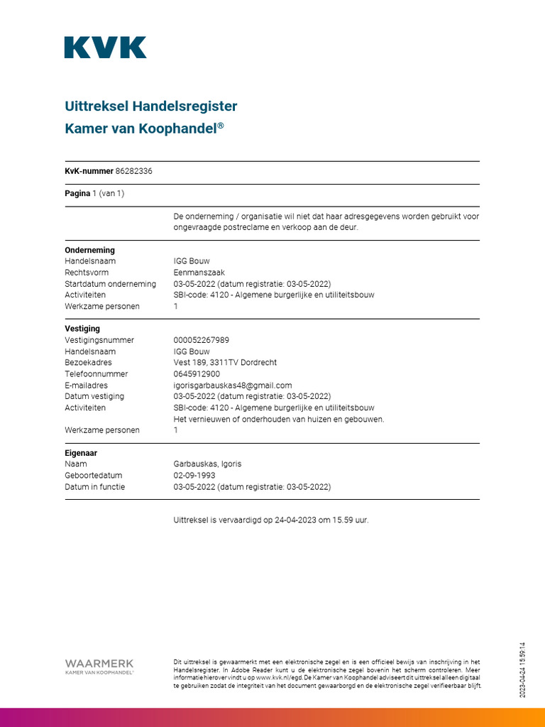 Uittreksel Handelsregister Kamer Van Koophandel: Kvk-Nummer Pagina | PDF