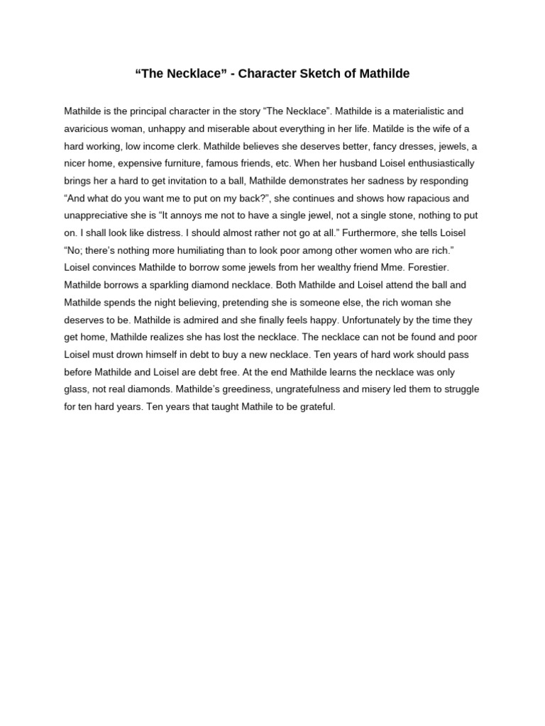 "The Necklace" - Character Sketch of Mathilde | PDF