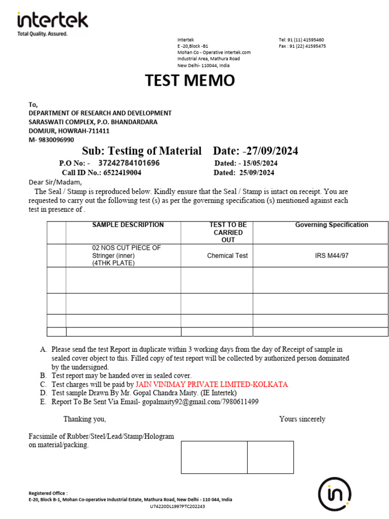 TEST MEMO JV Stringer (Inner) | PDF