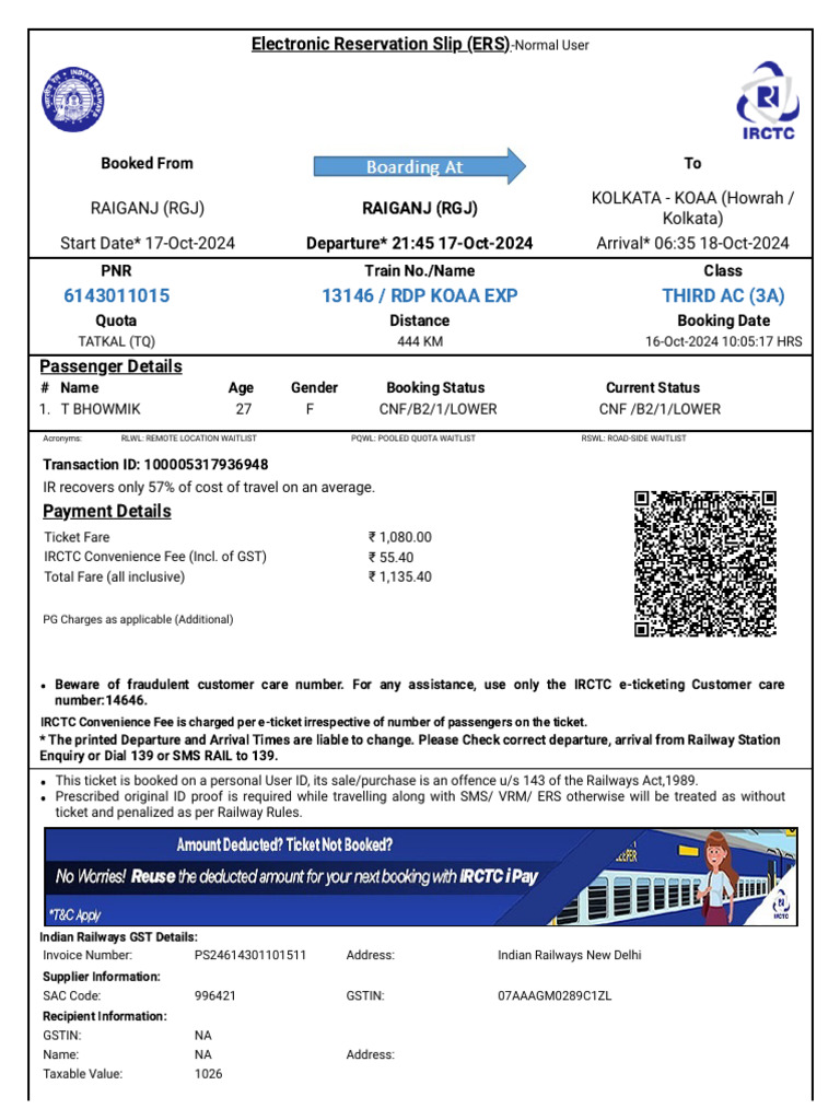 RDP Koaa Exp Third Ac (3A) : Electronic Reservation Slip (ERS) | PDF