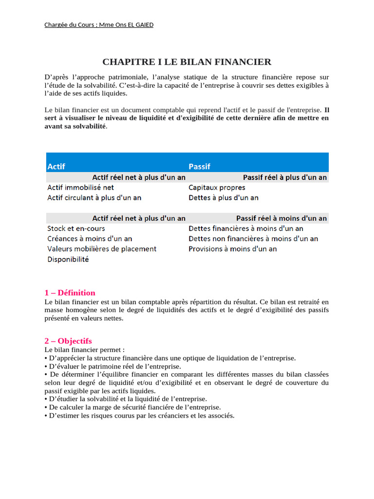 Chapitre I Bilan Financier Support de Cours | PDF