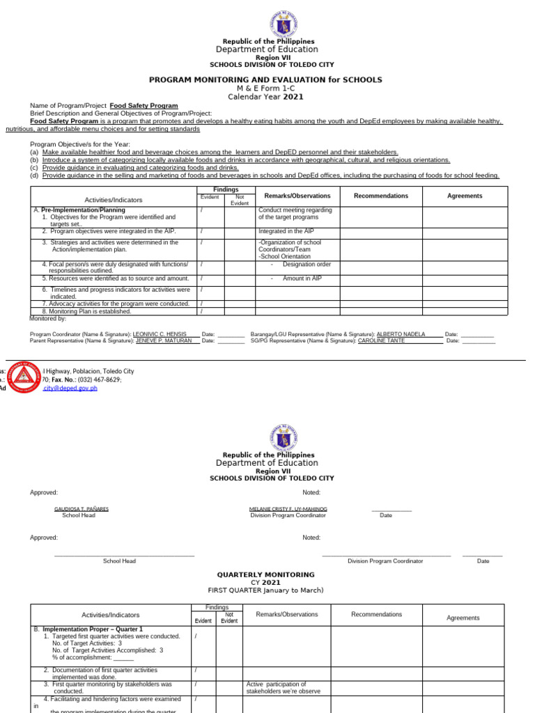 2nd-CALIBASAN ES-FOOD AND SAFETY-M-E-Form-1-A-Rev-for-Schoolsv1 | PDF