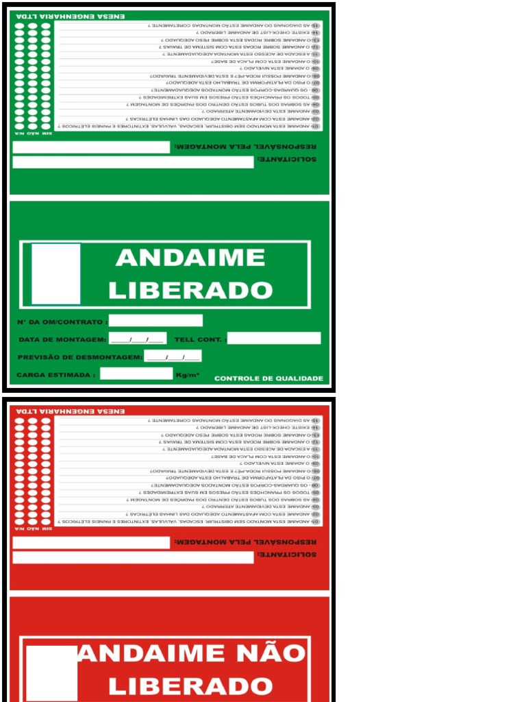 Placas - Andaime Liberado - Andaime Não Liberado - NR-26 | PDF