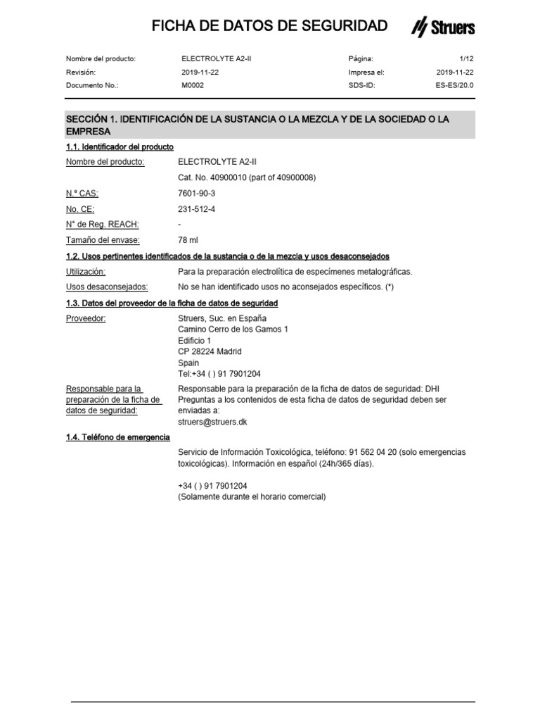 SDS Electrolyte A2 Ii Es Es M0002 | PDF