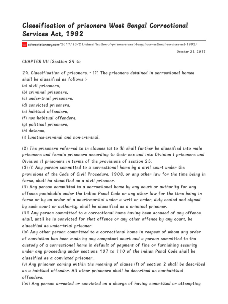 Classification of Prisoners West Bengal Correctional Services Act, 1992 ...