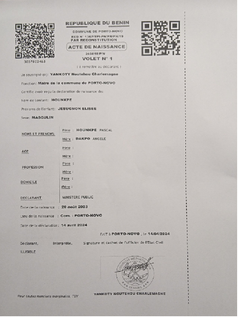 Acte de Naissance Sécurisé | PDF