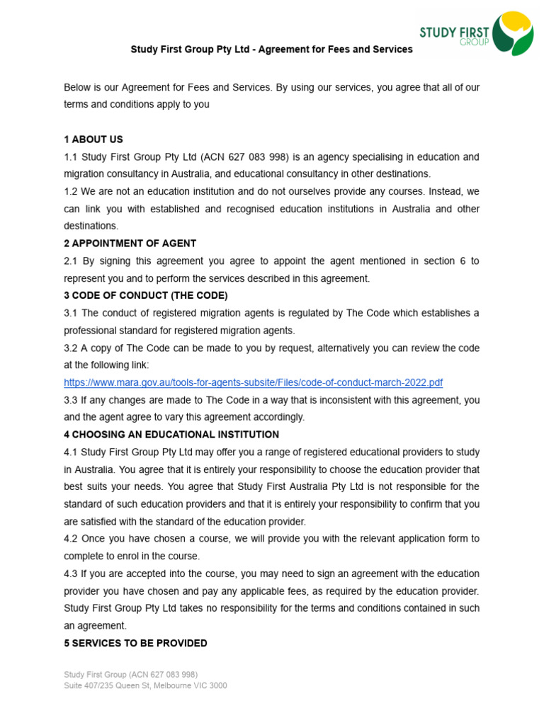 Study First Group Pty LTD - Agreement For Fees and Services Onshore ...