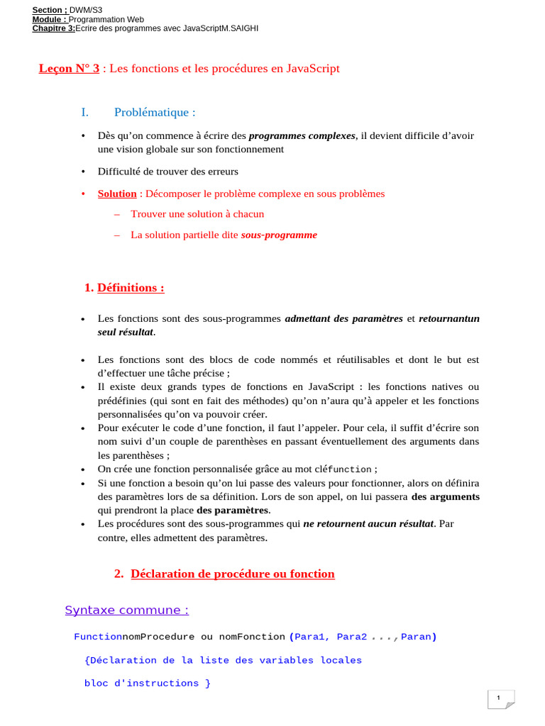 Leçon #3 Les Fonctions Et Les Procedures | PDF