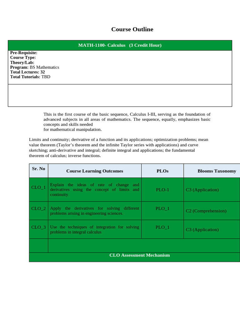 Course Outline - Calculus - Math-1100 | PDF