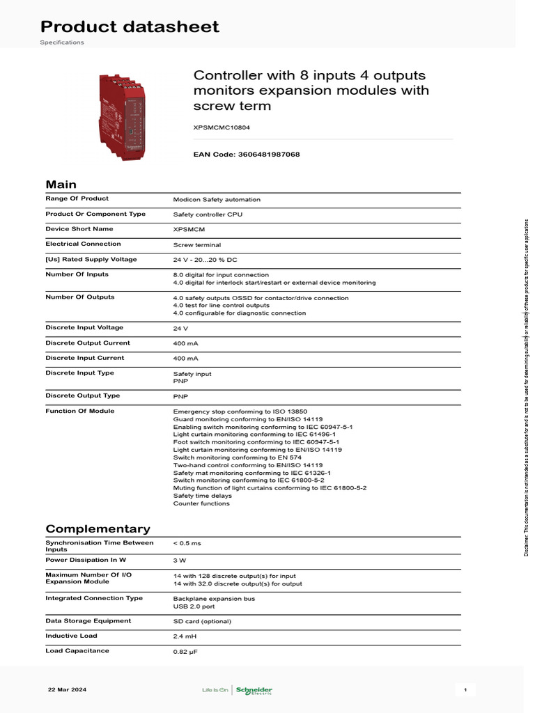 Data Sheet Schneider Electric Modicon MCM XPSMCMC10804 | PDF