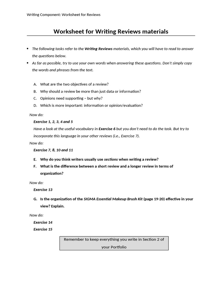 2023 Worksheet for Reviews | PDF