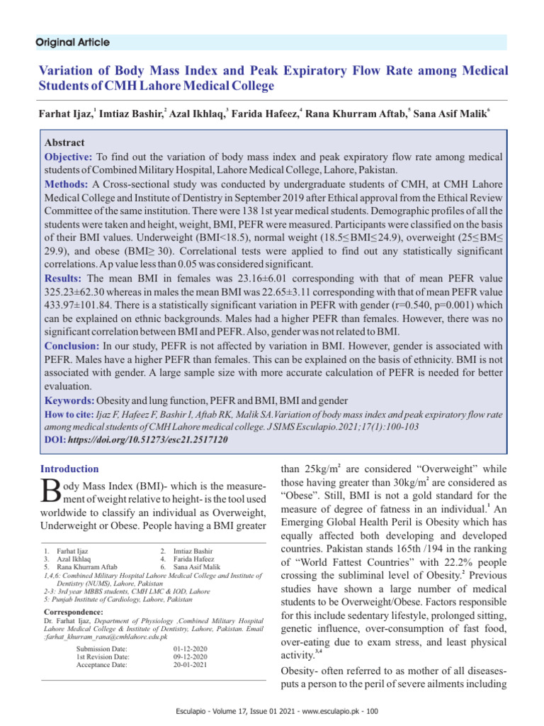Variation of Body Mass Index and Peak Expiratory Flow Rate Among ...