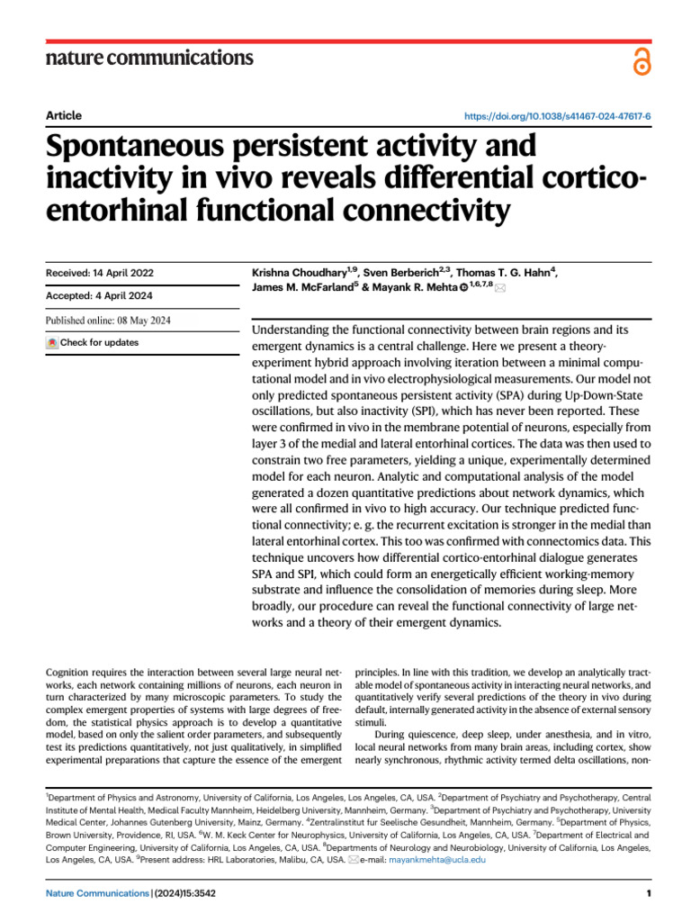 Spontaneous Persistent Activity and Inactivity in Vivo Reveals ...