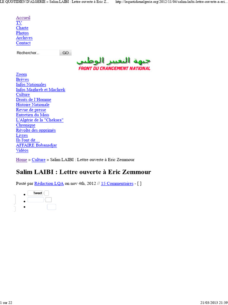 LE QUOTIDIEN D'ALGERIE Salim LAIBI - Lettre Ouverte À Eric Zemmour | PDF