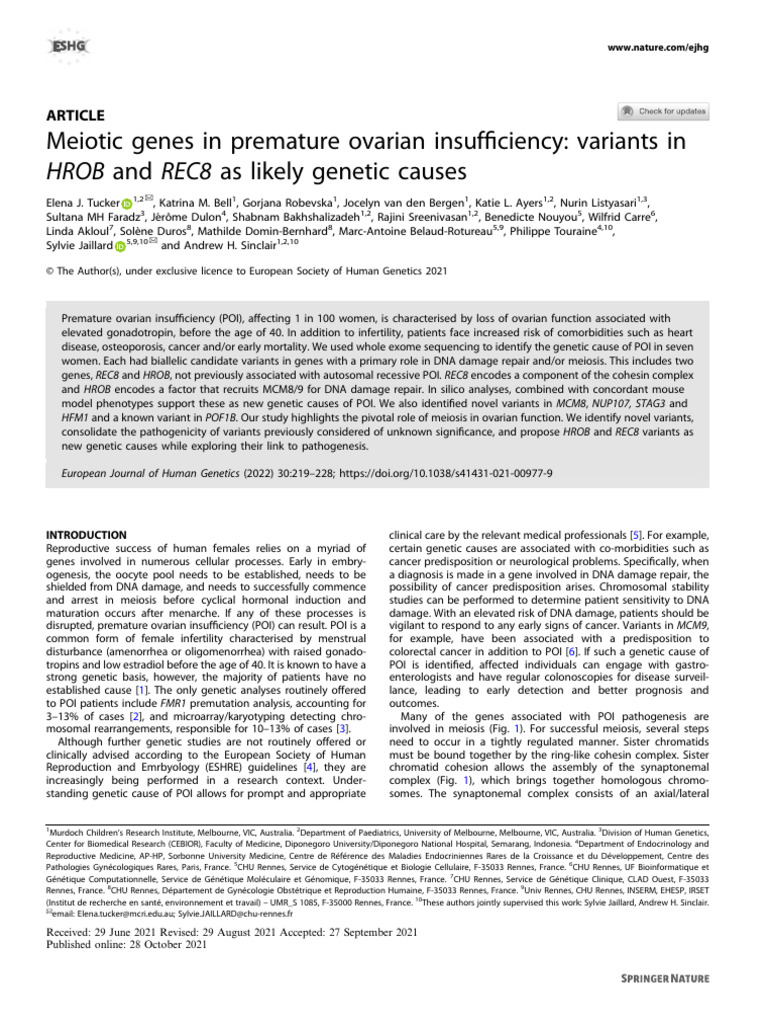 Meiotic Genes in Premature Ovarian Insuf Ciency: Variants in and As ...