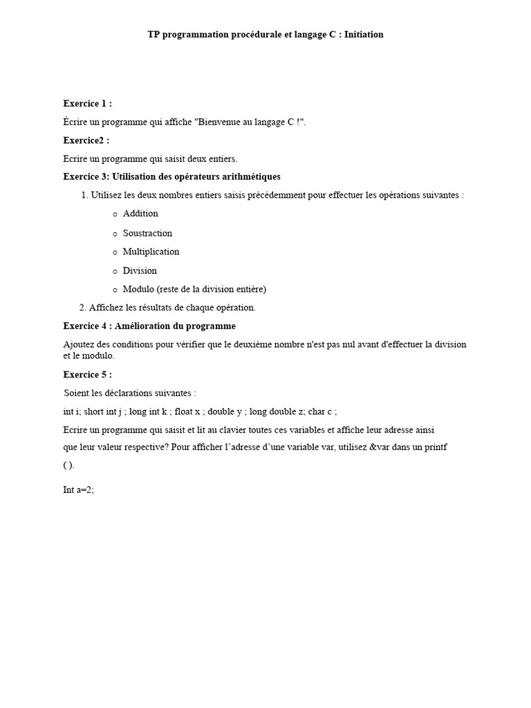 TP Programmation Procédurale Et Langage C: Initiation: o o o o o | PDF