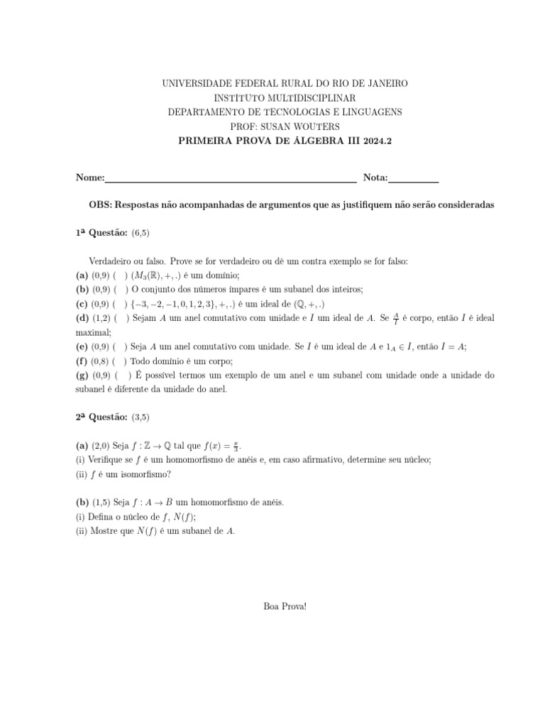 P1 Ã Lgebra III 2024 2 | PDF