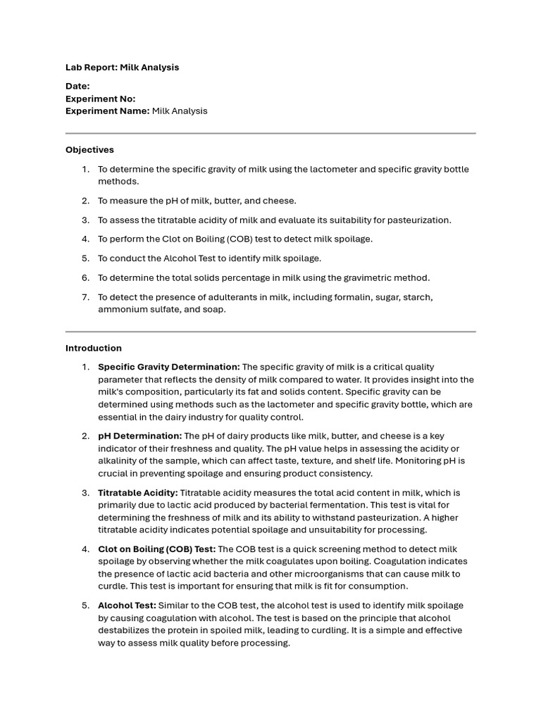 Milk analysis lab report | PDF
