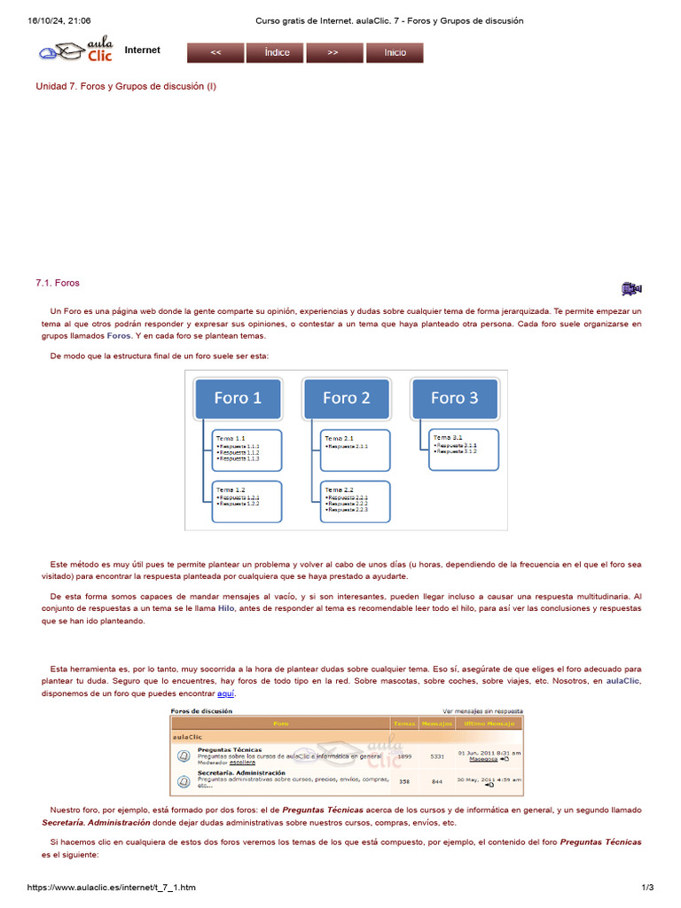Curso gratis de Internet. aulaClic. 7 - Foros y Grupos de discusión | PDF
