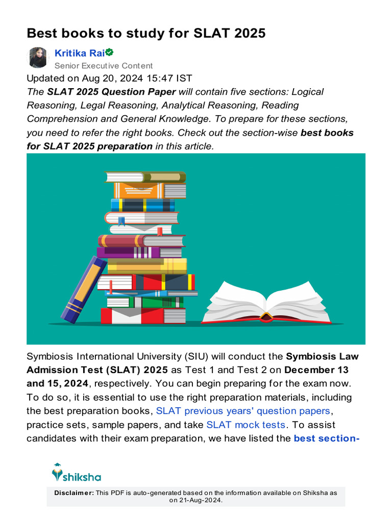 Best Books To Study For SLAT 2025: Kritika Rai | PDF