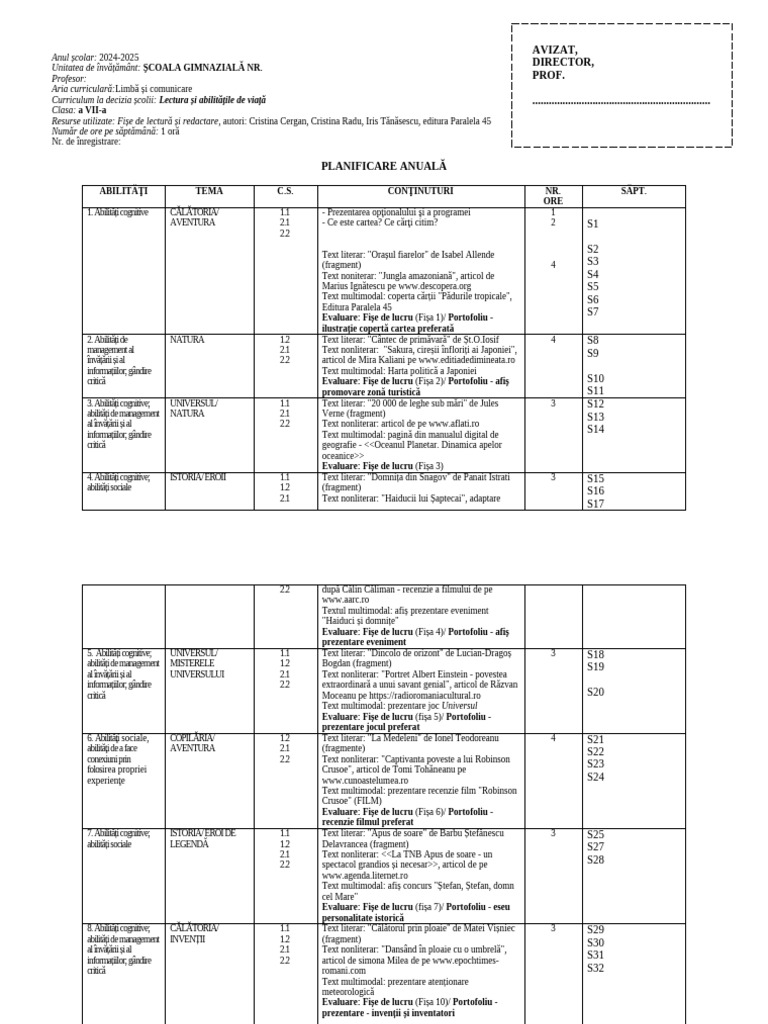 Planificare CL 7 Optional Lectura Si Abilitatile de Viata | PDF