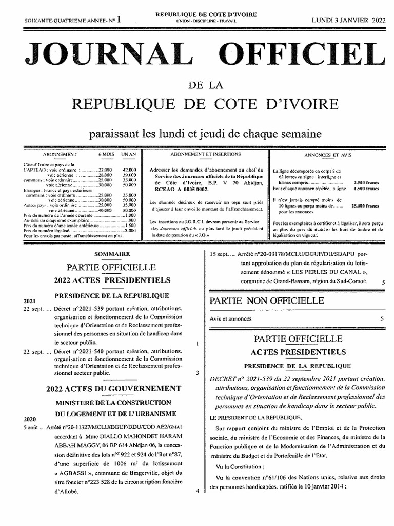 Journal Officiel de Côte d'Ivoire - Janv 2022 | PDF | Invalidité ...