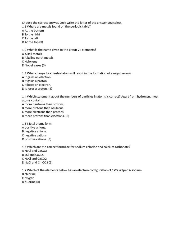 Physical Sciences Multiple Choice Grade 10 | PDF