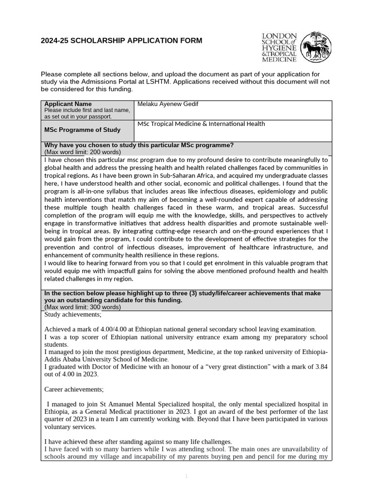 Scholarship Application Form For LSHTM | PDF | Global Health | Mental ...