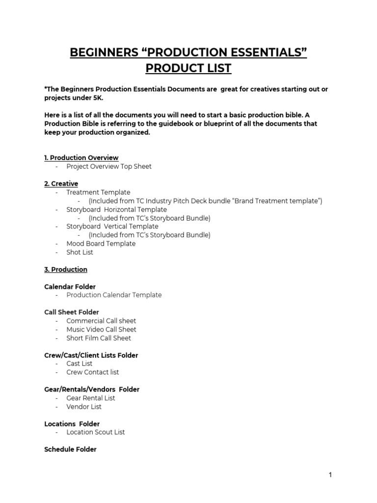 BEGINNERS PRODUCTION ESSENTIALS - PRODUCT LIST | PDF