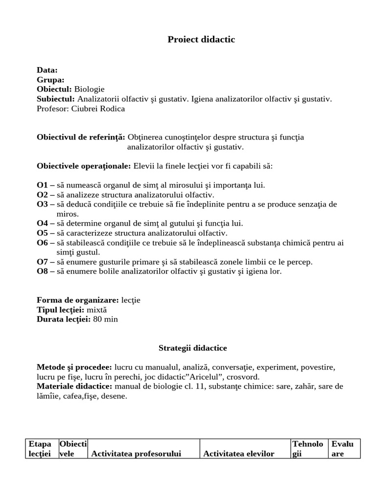 Proiect didactic.analiz.olfactiv si gustativ 3 | PDF