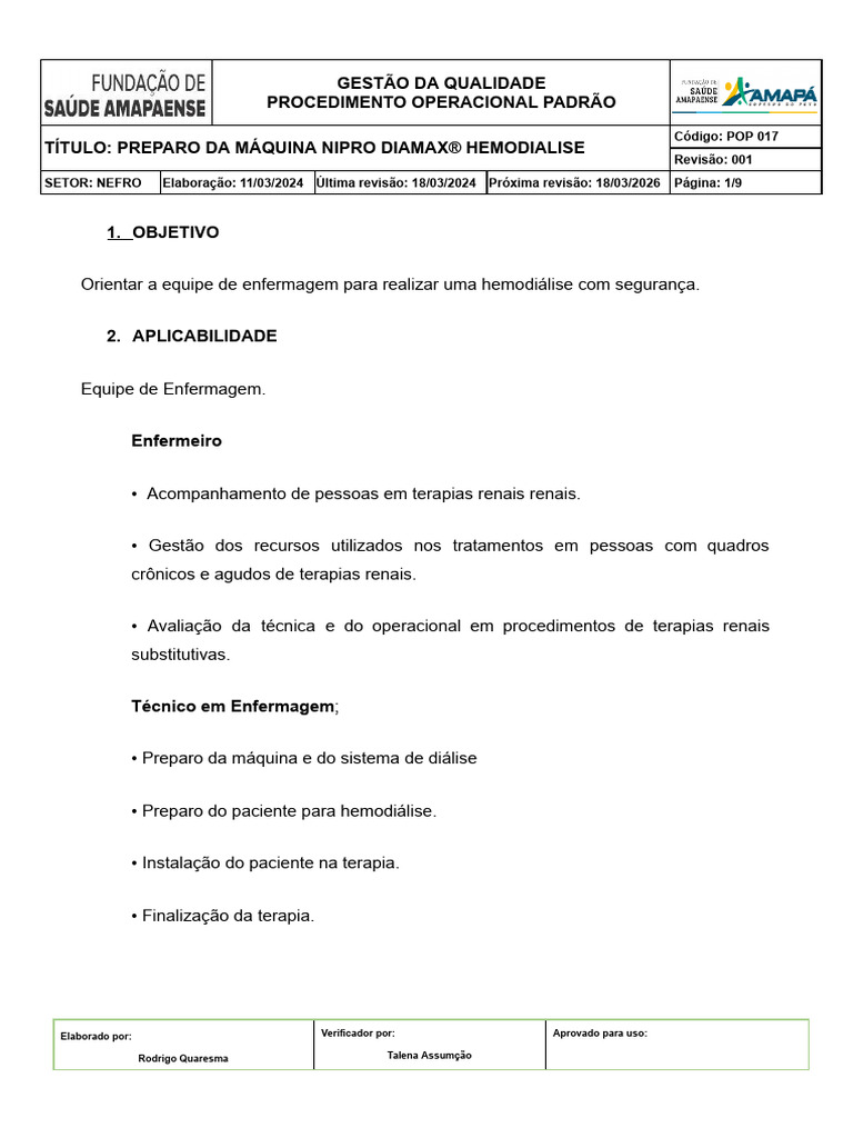 Cópia de Pop.017 Preparo Da Máquina Nipro Diamax - Rev.001 | PDF