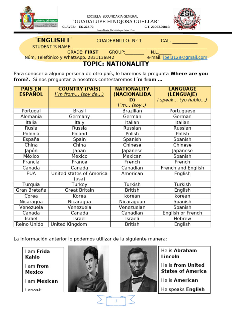 Cuadernillo 1 Inglés 1 | PDF