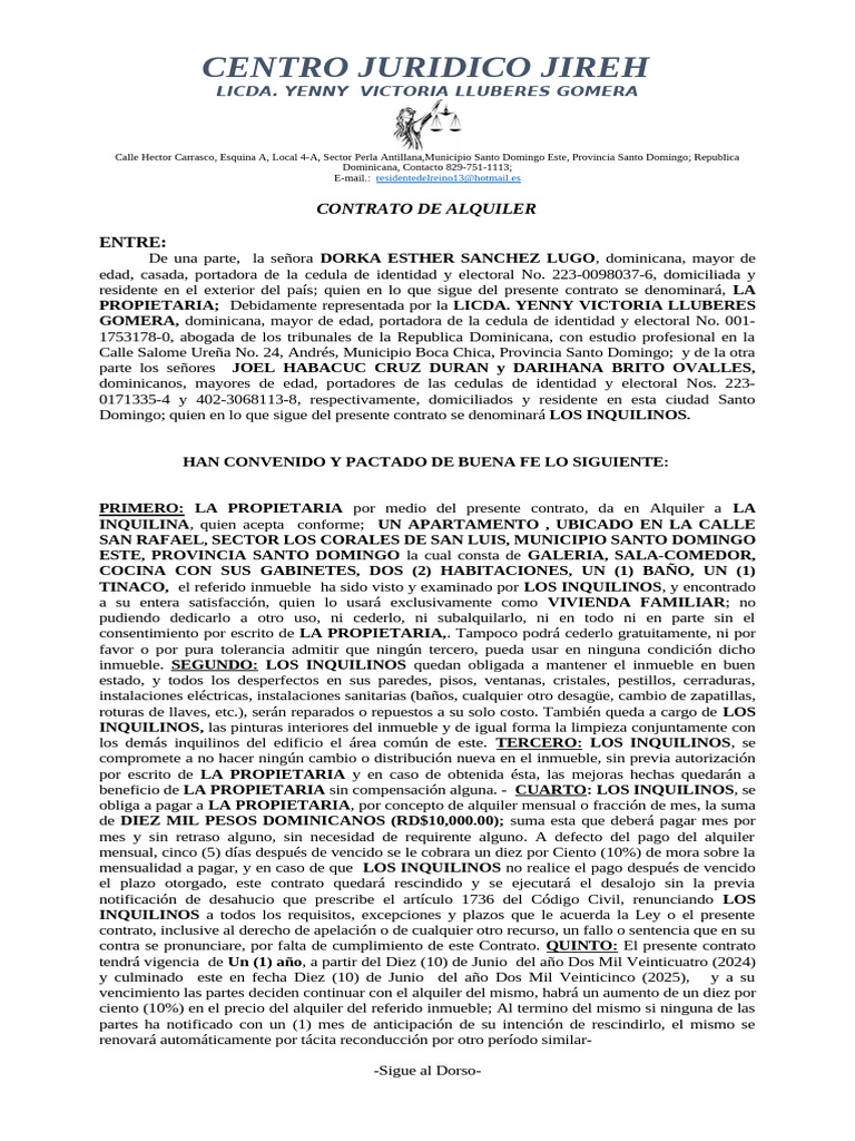 Contrato de Alquiler (Joel Habacuc Cruz Duran) Dorca Sanchez | PDF