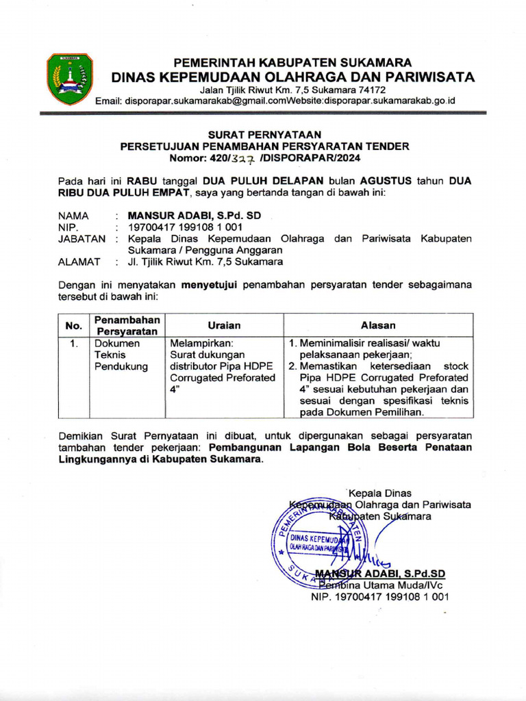 Surat Pernyataan Kepala Dinas Persetujuan Persyaratan Tender | PDF