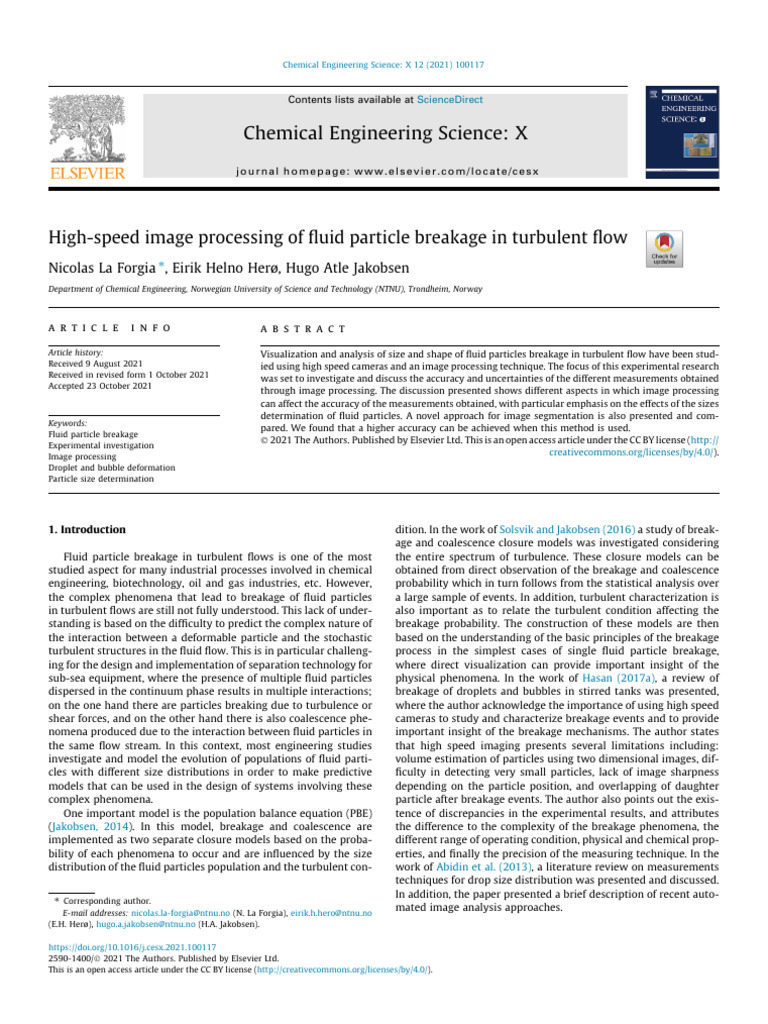 High Speed Image Processing of Fluid Particle Bre - 2021 - Chemical Engineering | PDF | Image ...
