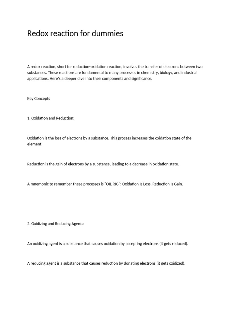 Redox Reaction For Dummies | PDF | Redox | Chemical Reactions