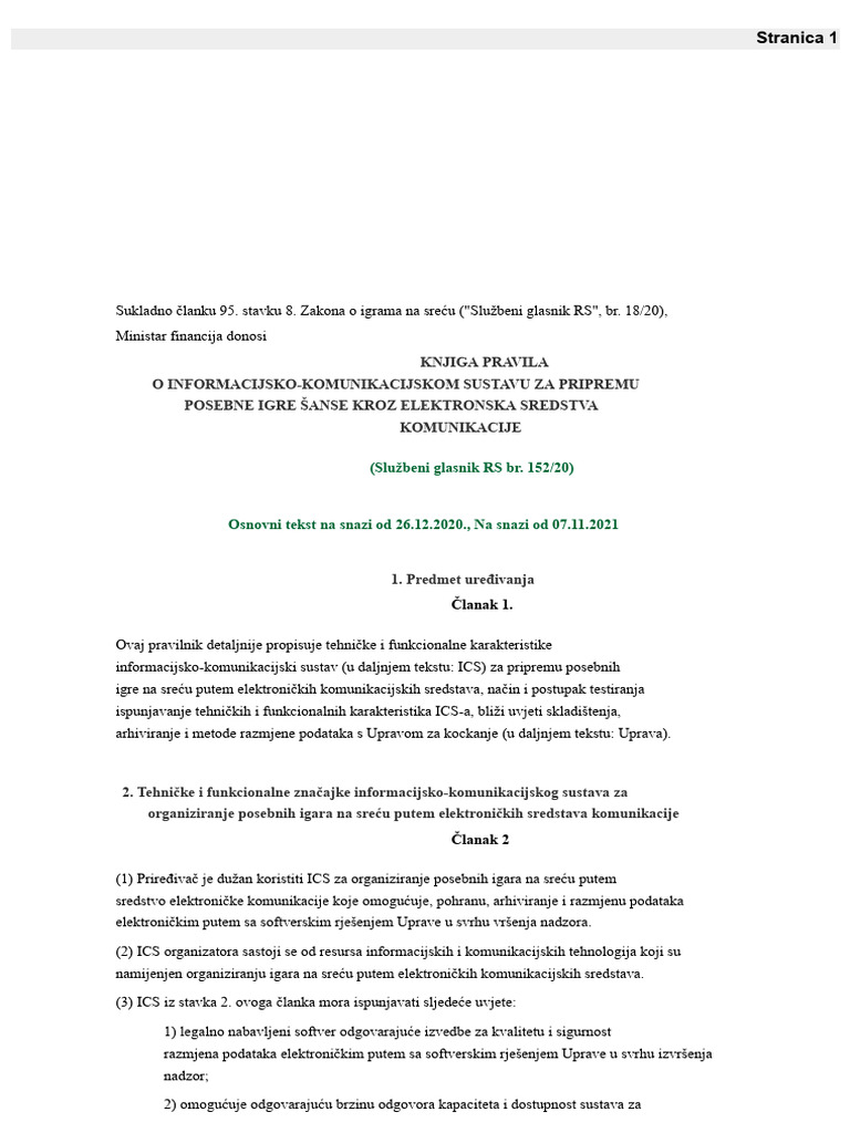 (HR) PRAVILNIK O INFORMACIONO-KOMUNIKACIONOM SISTEMU ZA PRIREDJIVANJE POSEBNIH IGARA NA SRECU ...