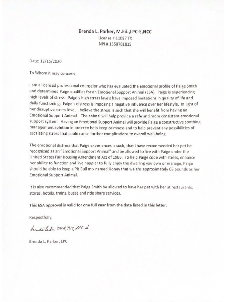 Honey's Emotional Support Letter | PDF