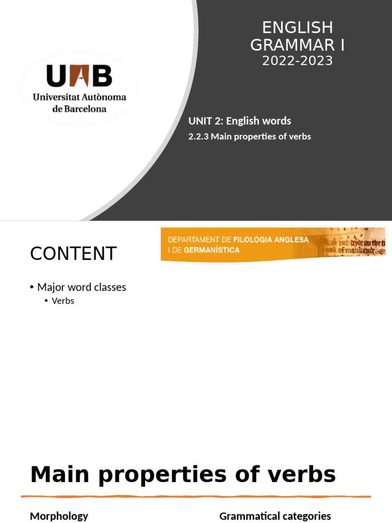 UNIT 2 - 2.2.3 Main Properties of Verbs - STUDENT | PDF