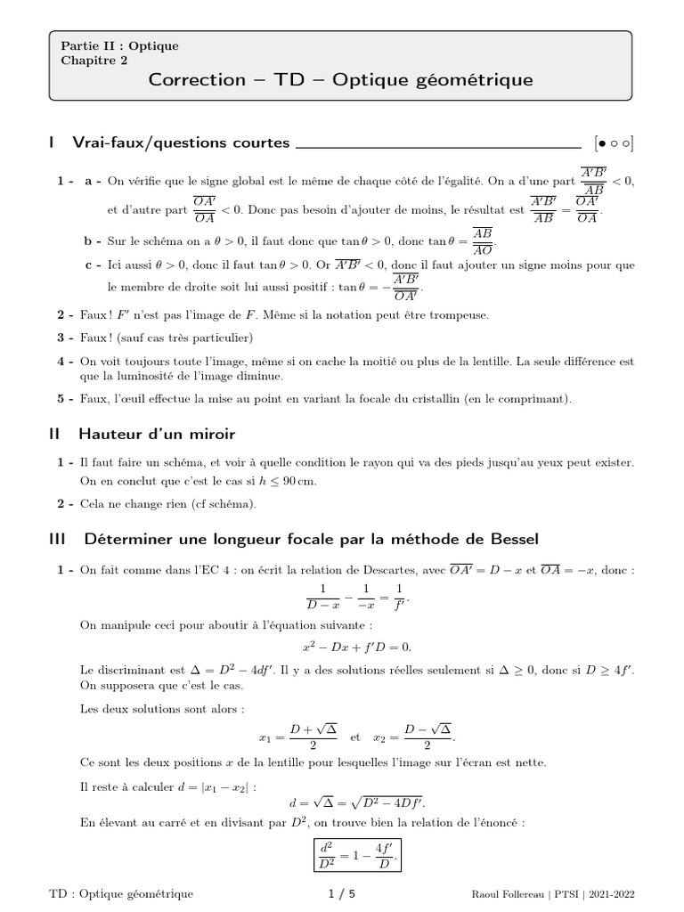 Chap2 TD Optique Geometrique Corr | PDF