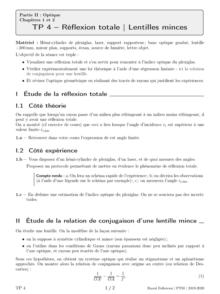 TP 1 Optique Refraction Lentilles | PDF