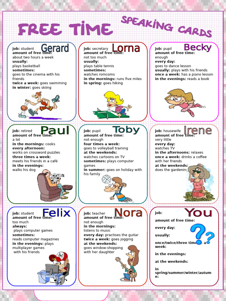 Free Time Speaking Cards Fun Activities Games Icebreakers Oneonone ...