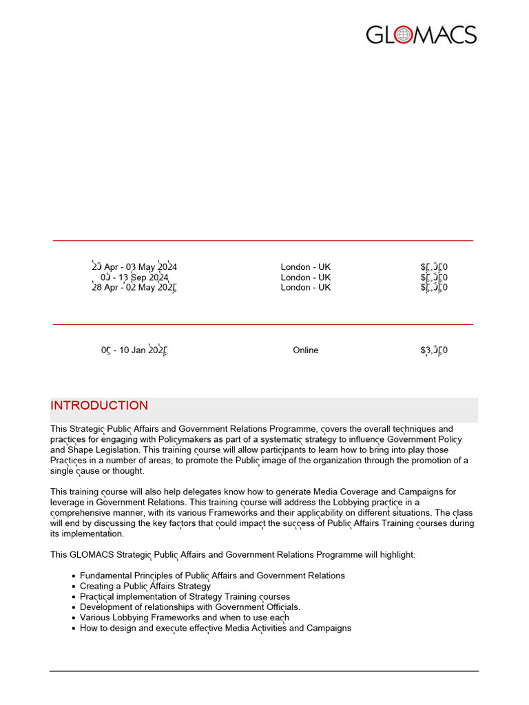 Glomacs Strategic Public Affairs and Government Relations Programme | PDF