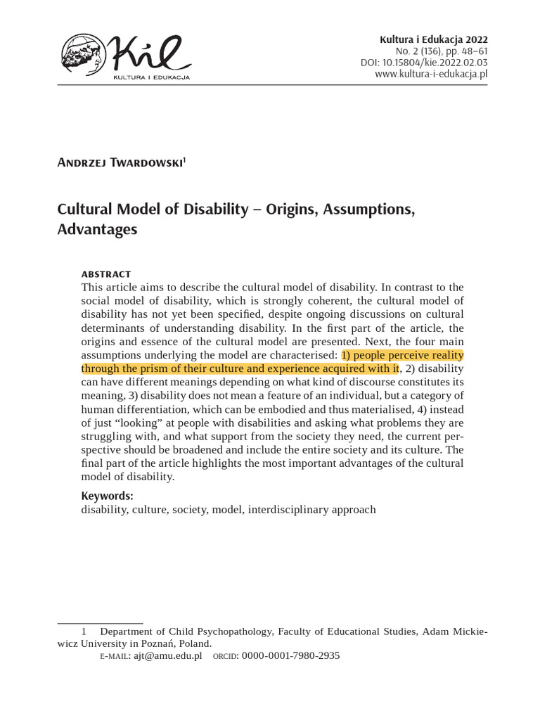 Cultural Model of Disability - Origins, Assumptions, Advantages | PDF