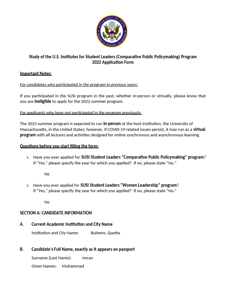 2022 SUSI Application Form - Final | PDF